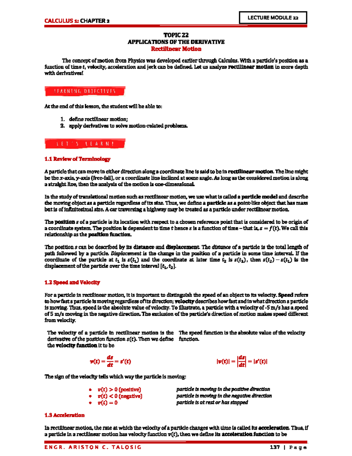 rectilinear motion - LECTURE MODULE 22 CALCULUS 1: CHAPTER 2 TOPIC 22 ...