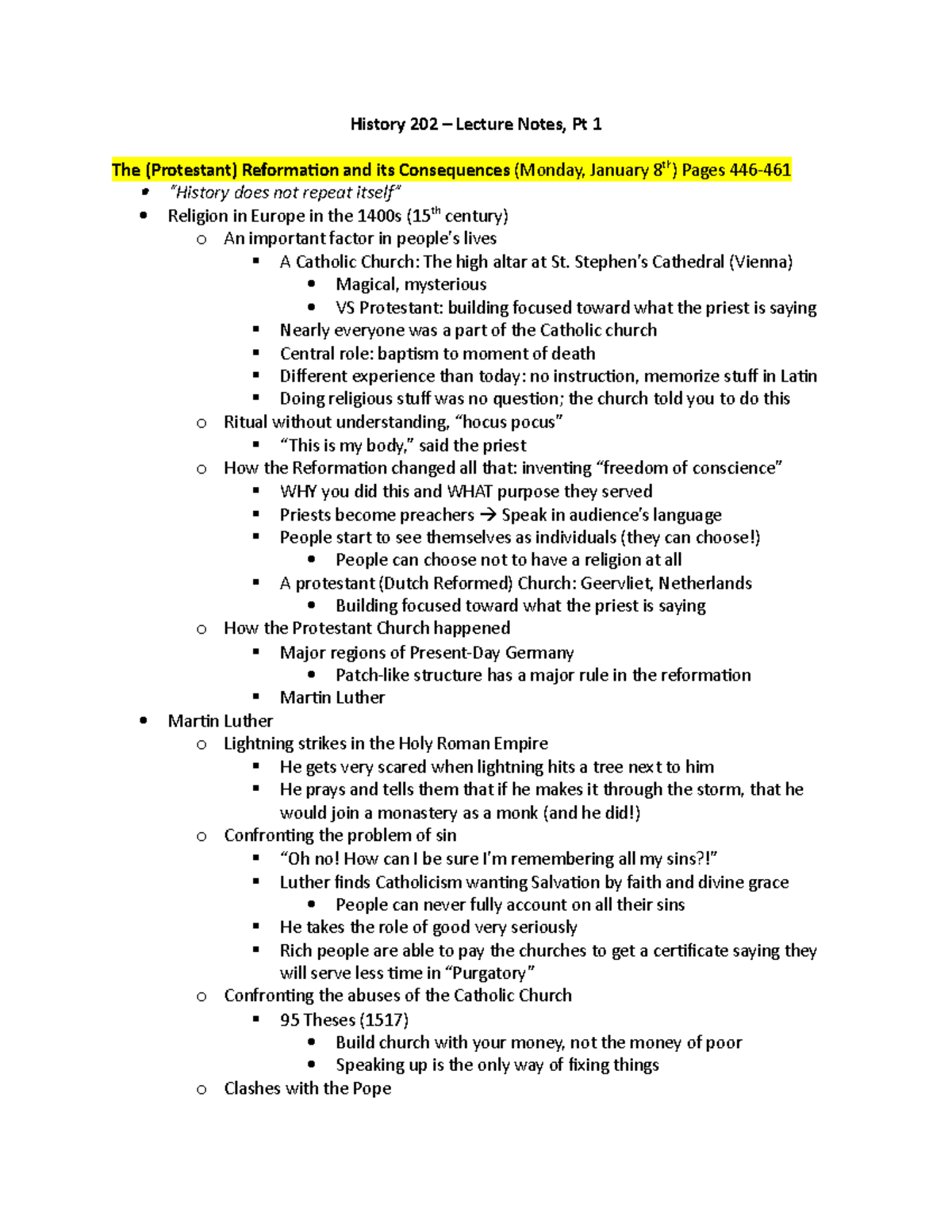 Exam 1 - Lecture Notes - History 202 Lecture Notes, Pt 1 The ...