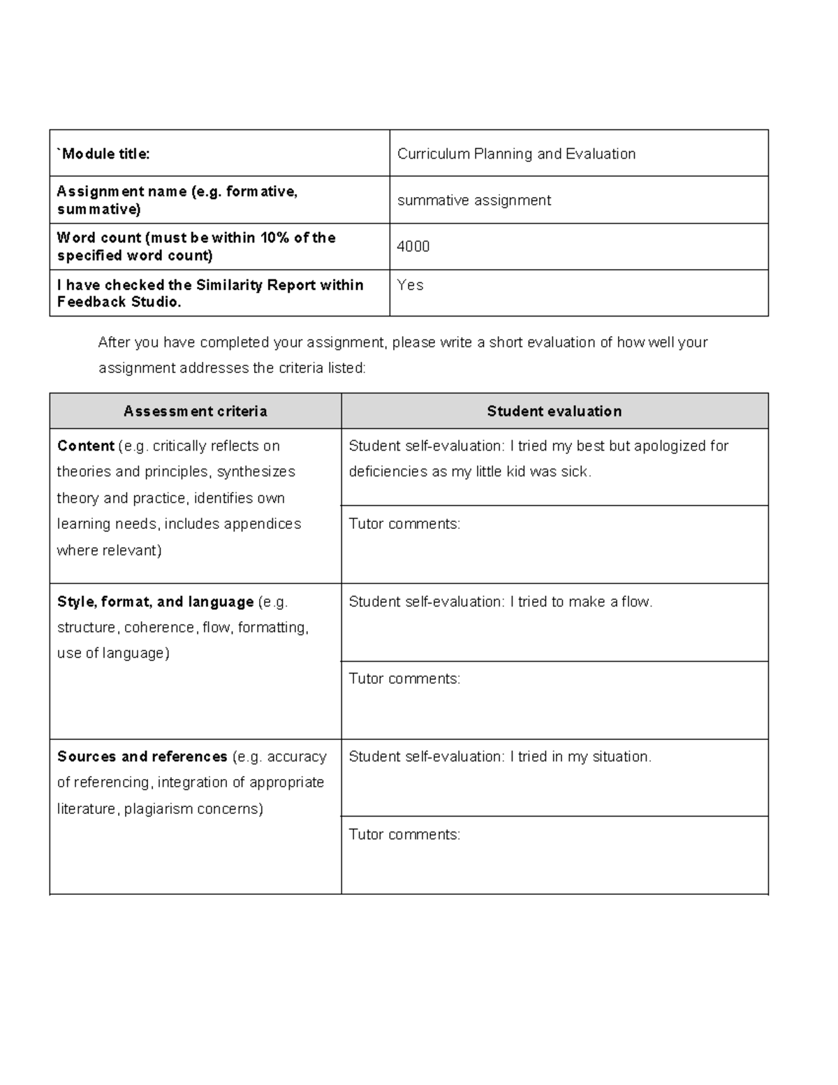 Assiment - it is a helpful document - `Module title: Curriculum ...