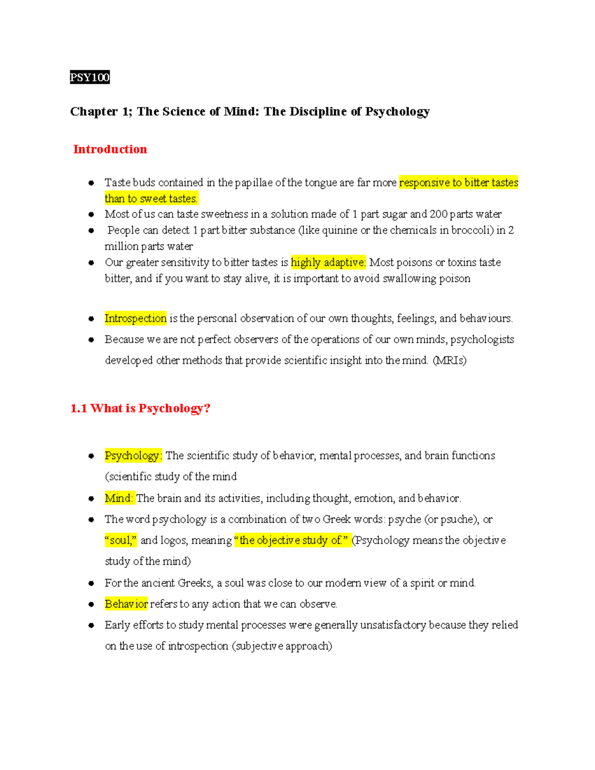 exam notes for psy100 - PSY Chapter 1; The Science of Mind: The ...