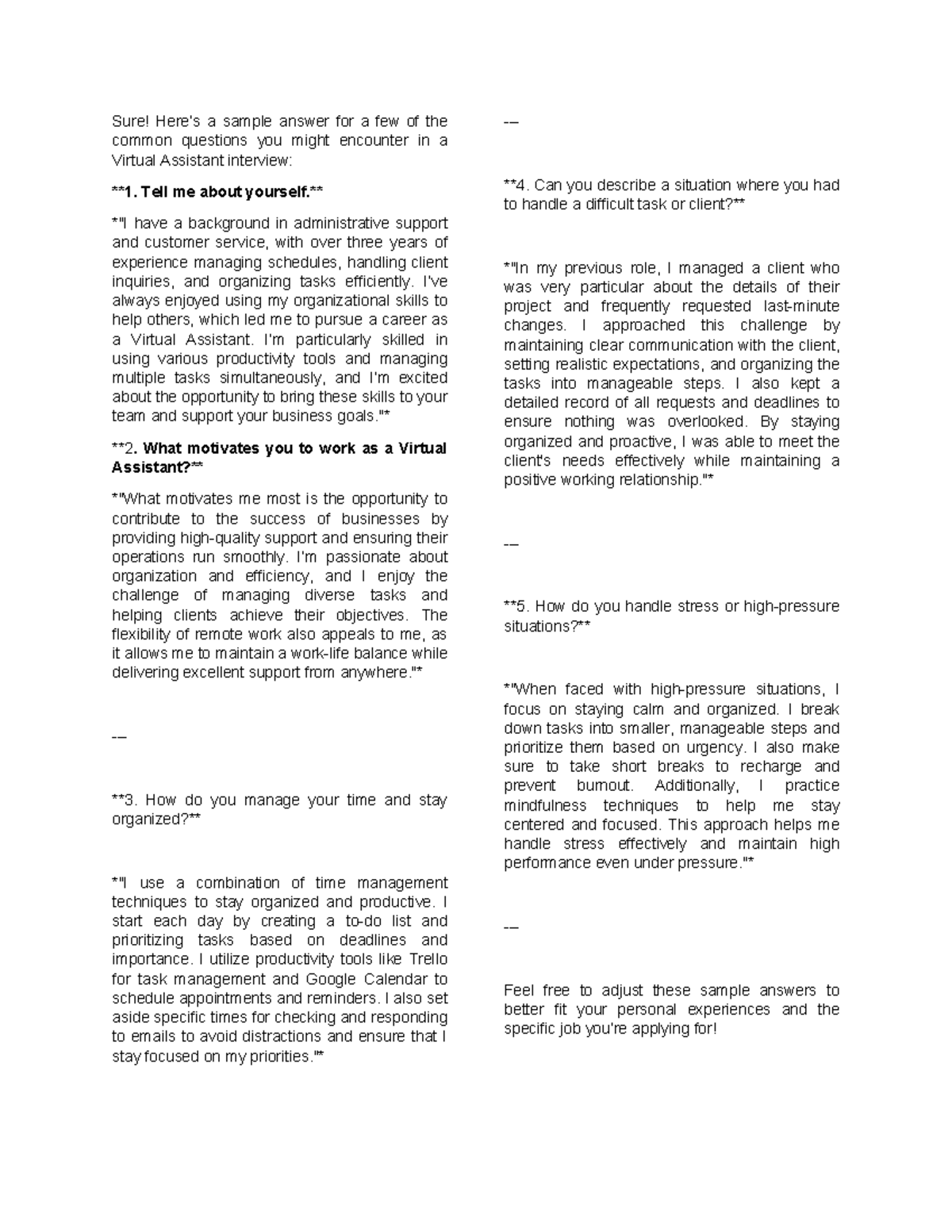 Sample interview question - Sure! Here’s a sample answer for a few of ...