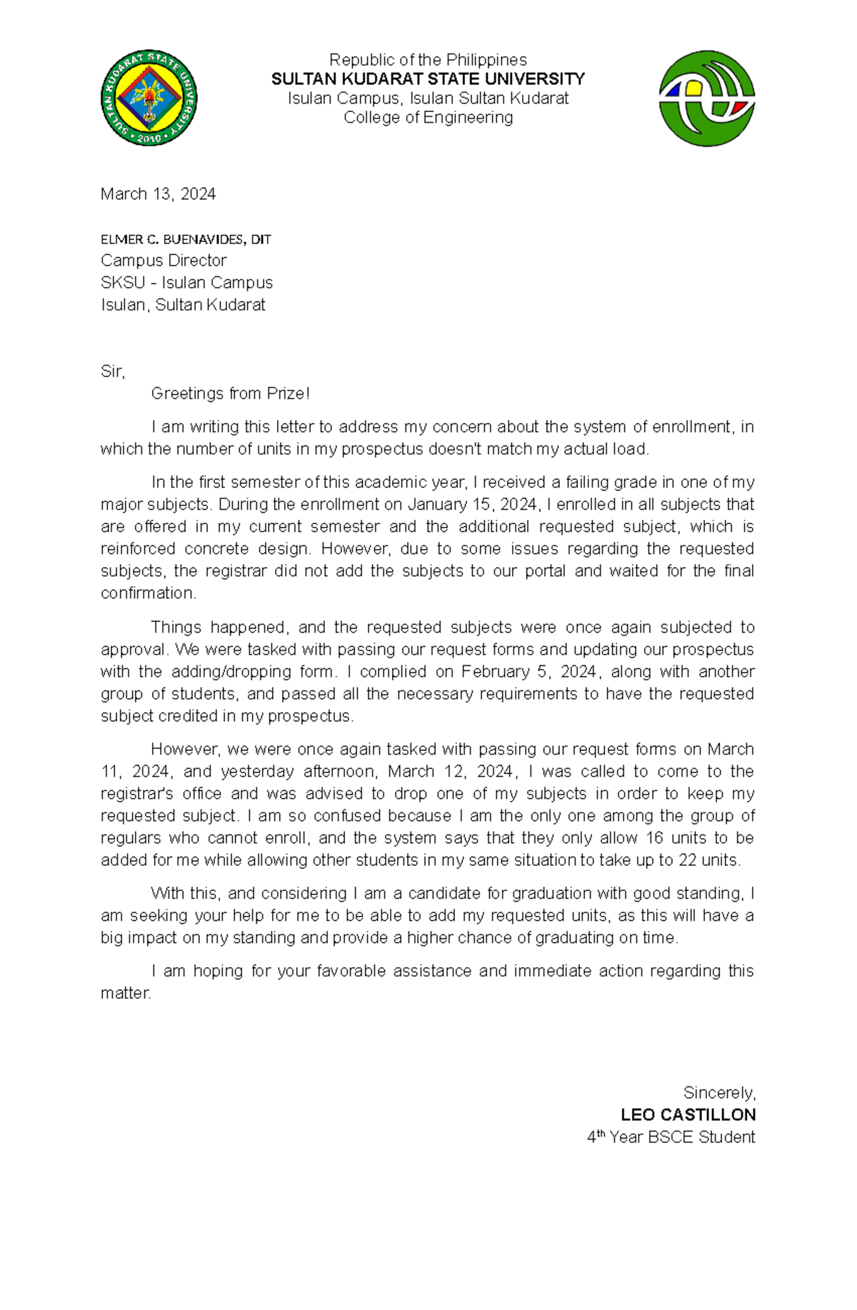 Leo- letter - Republic of the Philippines SULTAN KUDARAT STATE ...