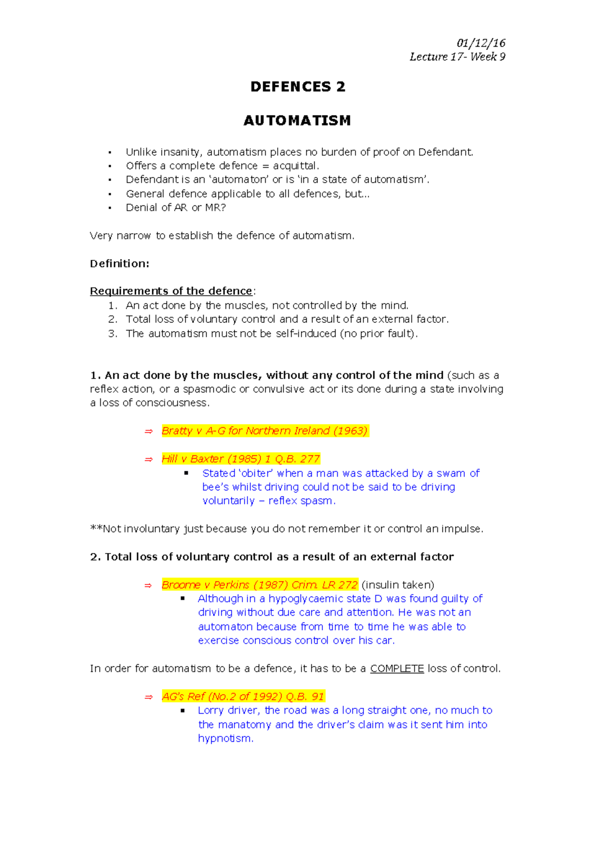 Defences -Automatism - 01/12/ Lecture 17- Week 9 DEFENCES 2 AUTOMATISM ...