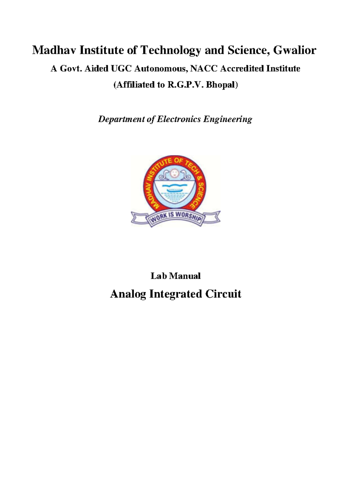 AIC Lab Manual-1 - Shhs - Madhav Institute of Technology and Science, Gwalior A Govt. Aided UGC ...