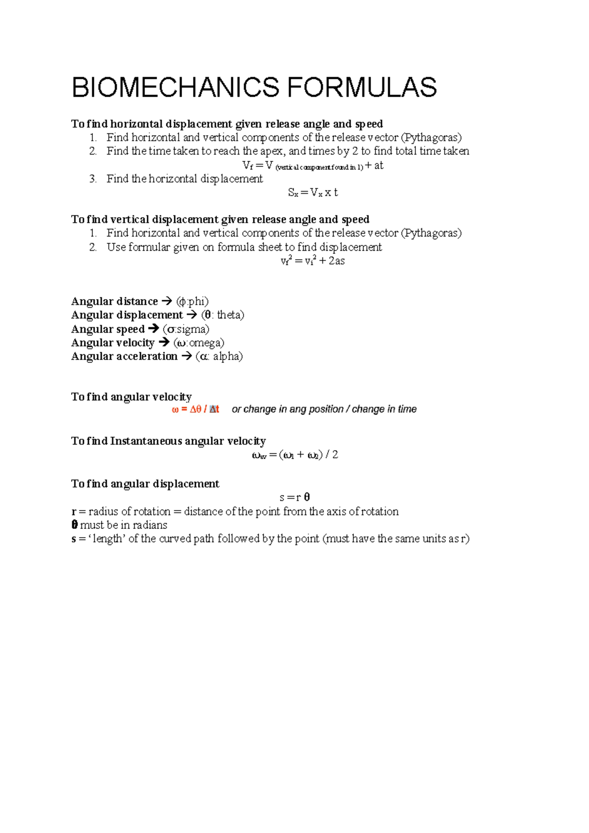 Biomechanics Formulas - 400882 - UWS - Studocu