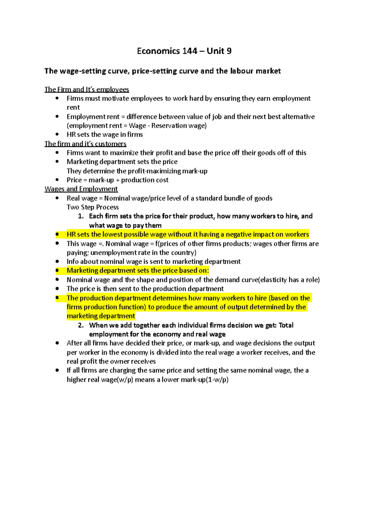 Economics 144- Notes - Economics 144 – Unit 9 The wage-setting curve ...