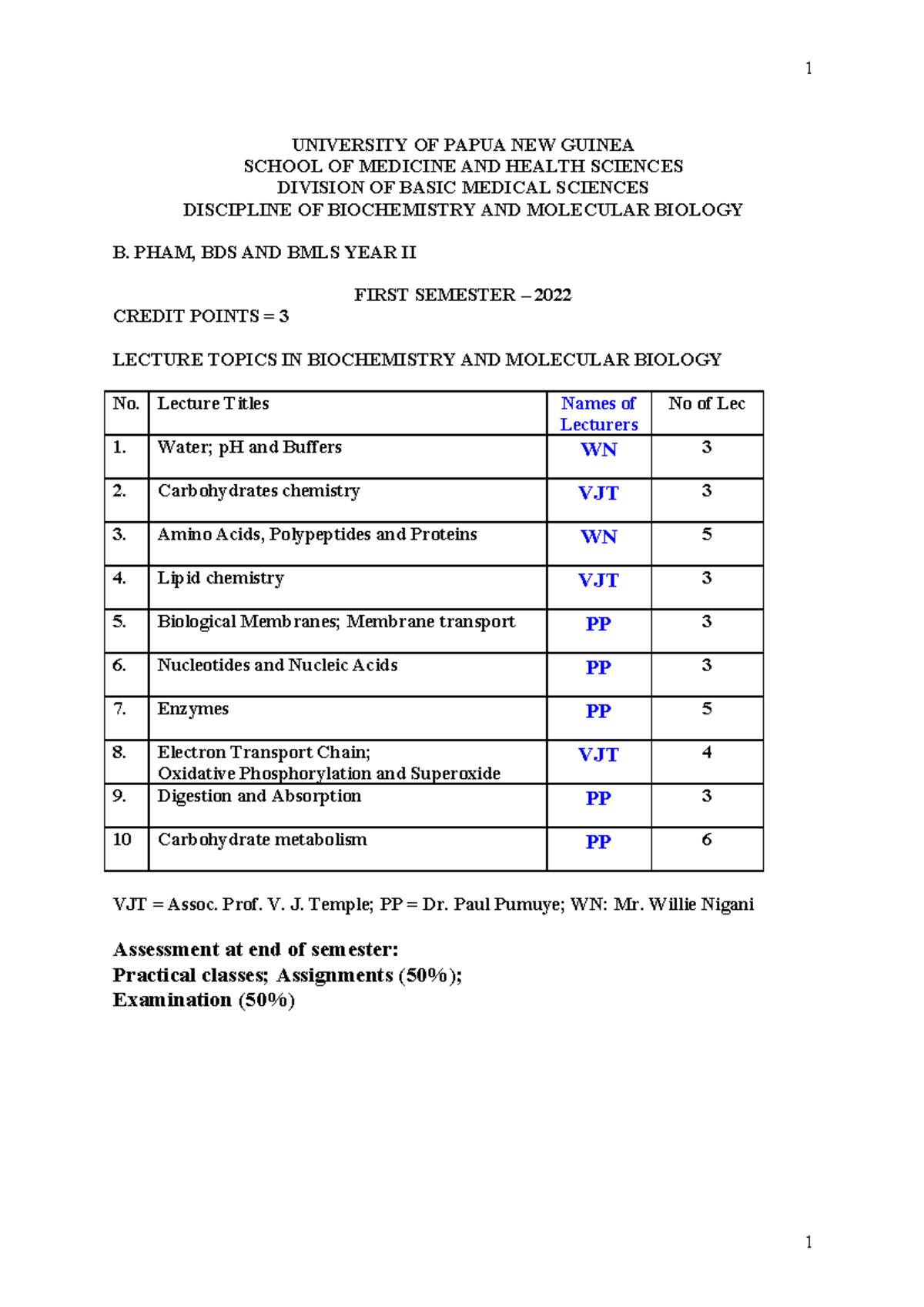 Health Sci Biochem Lectures schedules-Semests 1 and 2 2022 - UNIVERSITY OF PAPUA NEW GUINEA ...