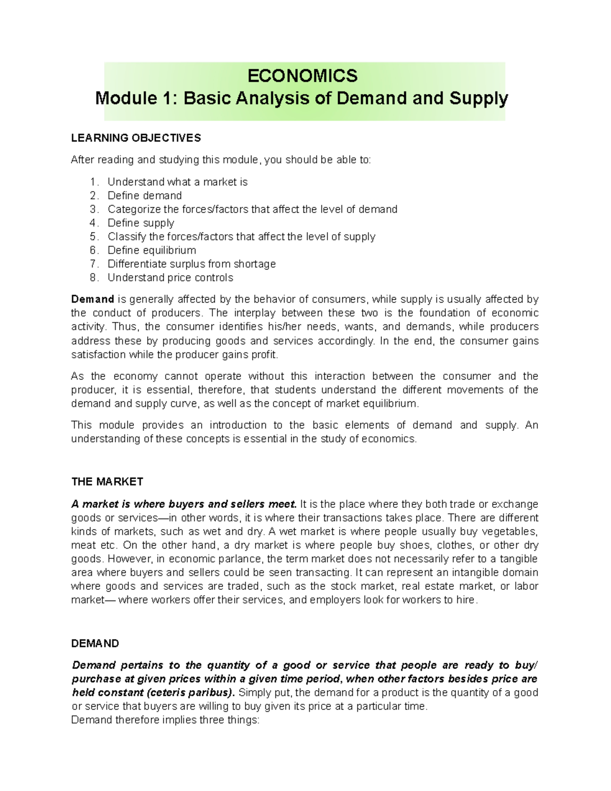 Module 1 Managerial Economics - ECONOMICS Module 1: Basic Analysis of ...