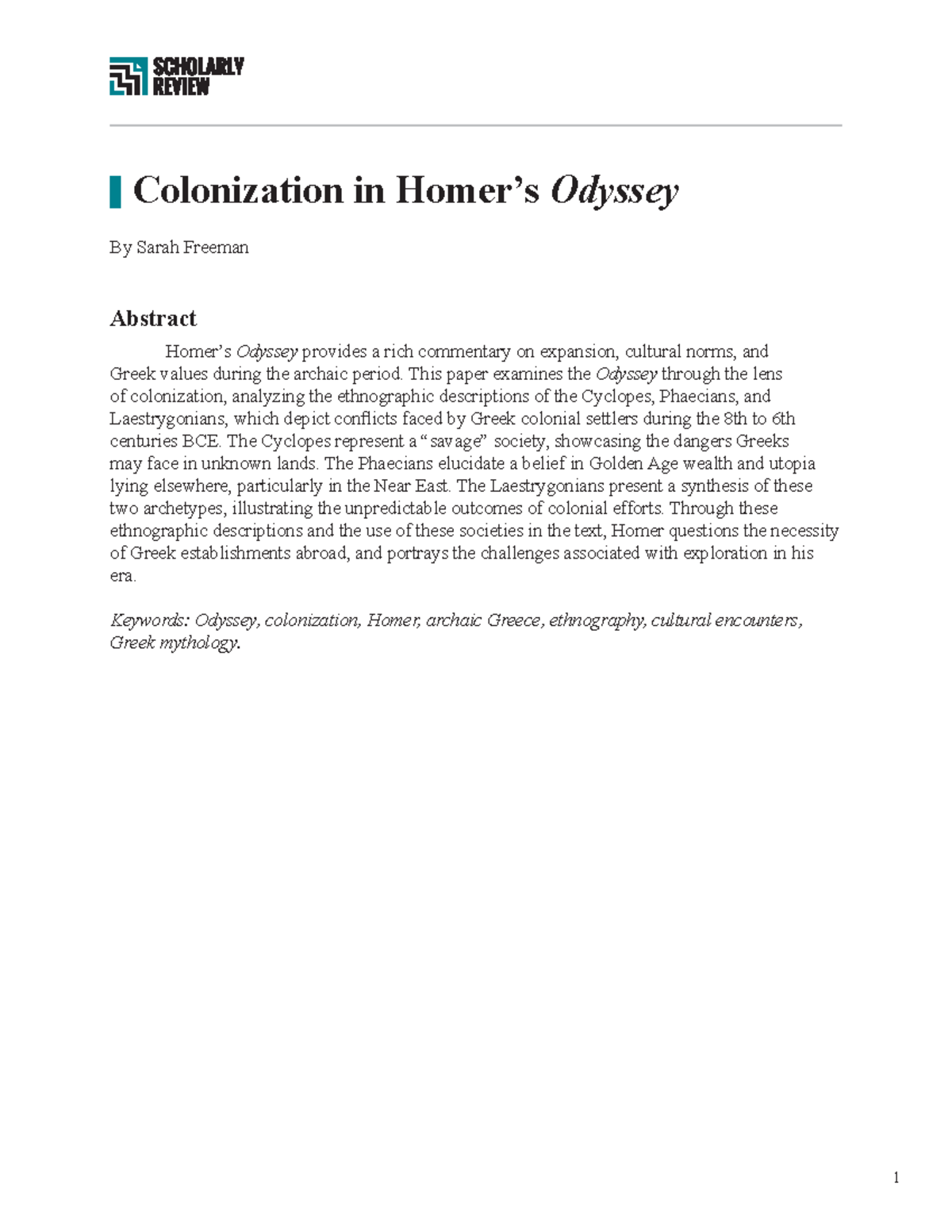 Colonization in Homers Odyssey - This paper examines the Odyssey ...
