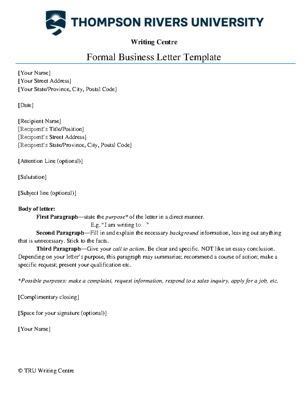 Formal Business Letter Template 30239 - © TRU Writing Centre Writing ...