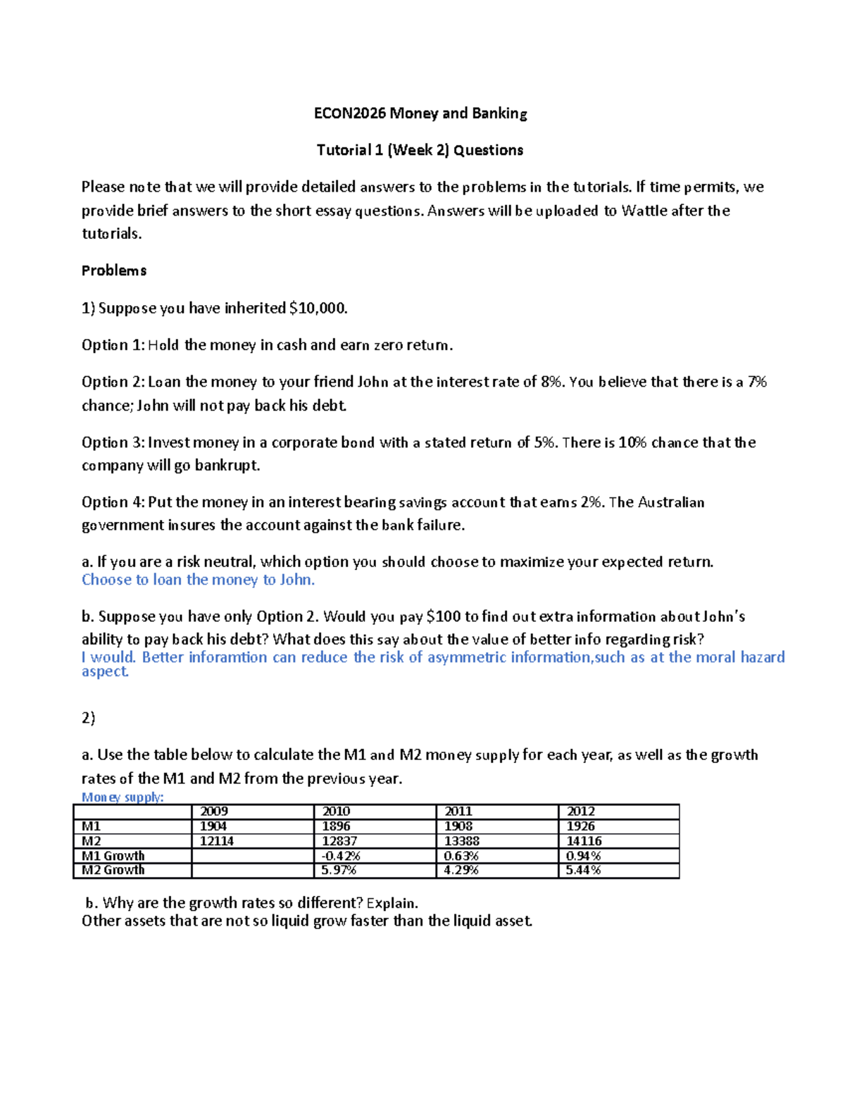 Tutorial 1 Questions - EC O N2026 Money and Bankin g Tuto rial 1 (Week ...