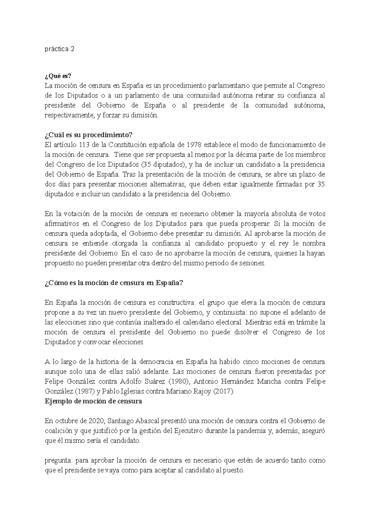 Práctica 2 - Práctica sobre la moción de censura - práctica 2 ¿Qué es ...