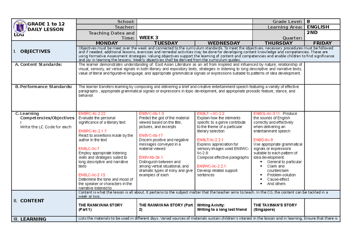 DLL-ENG8-2NDQ-3rd-week edited - GRADE 1 to 12 DAILY LESSON LOG School ...