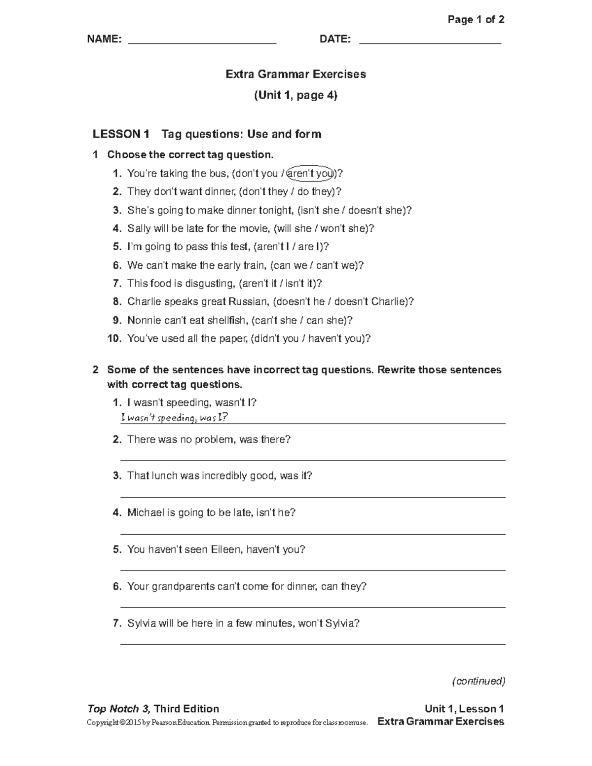 UNIT 01 Extra Gram Exercises 5 - NAME: _________________________ DATE ...