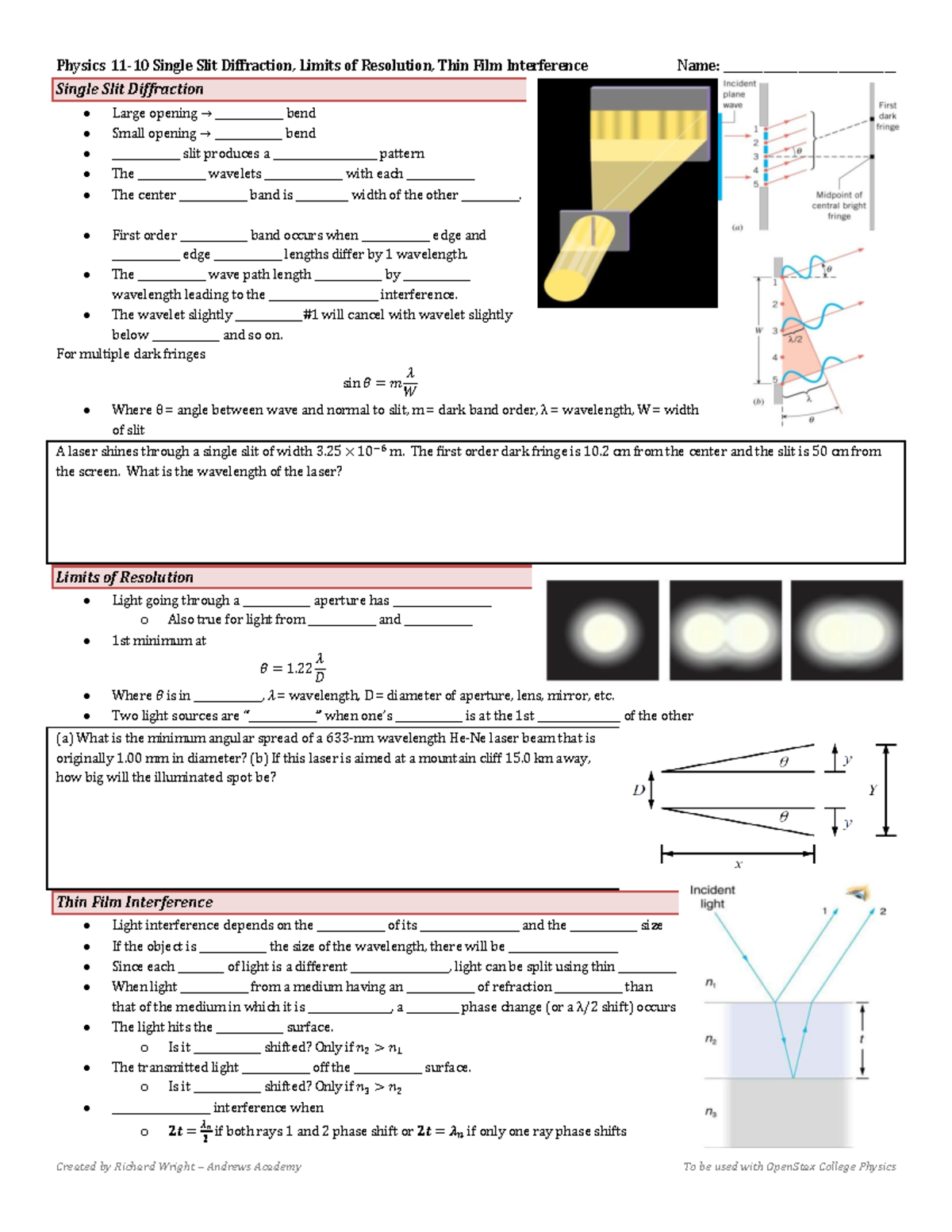 Physics 11-10 Single Slit Diffraction, Limits of Resolution, Thin Film Interference - First ...