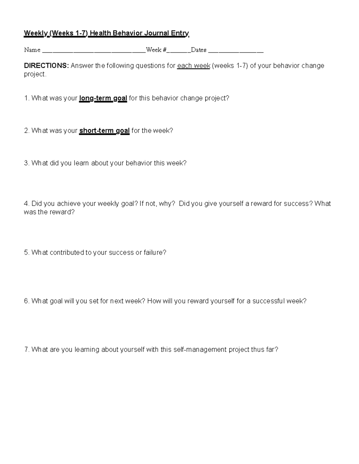 Behavior Change Project - Journal Sheet Wks 1-7 - Weekly (Weeks 1-7 ...