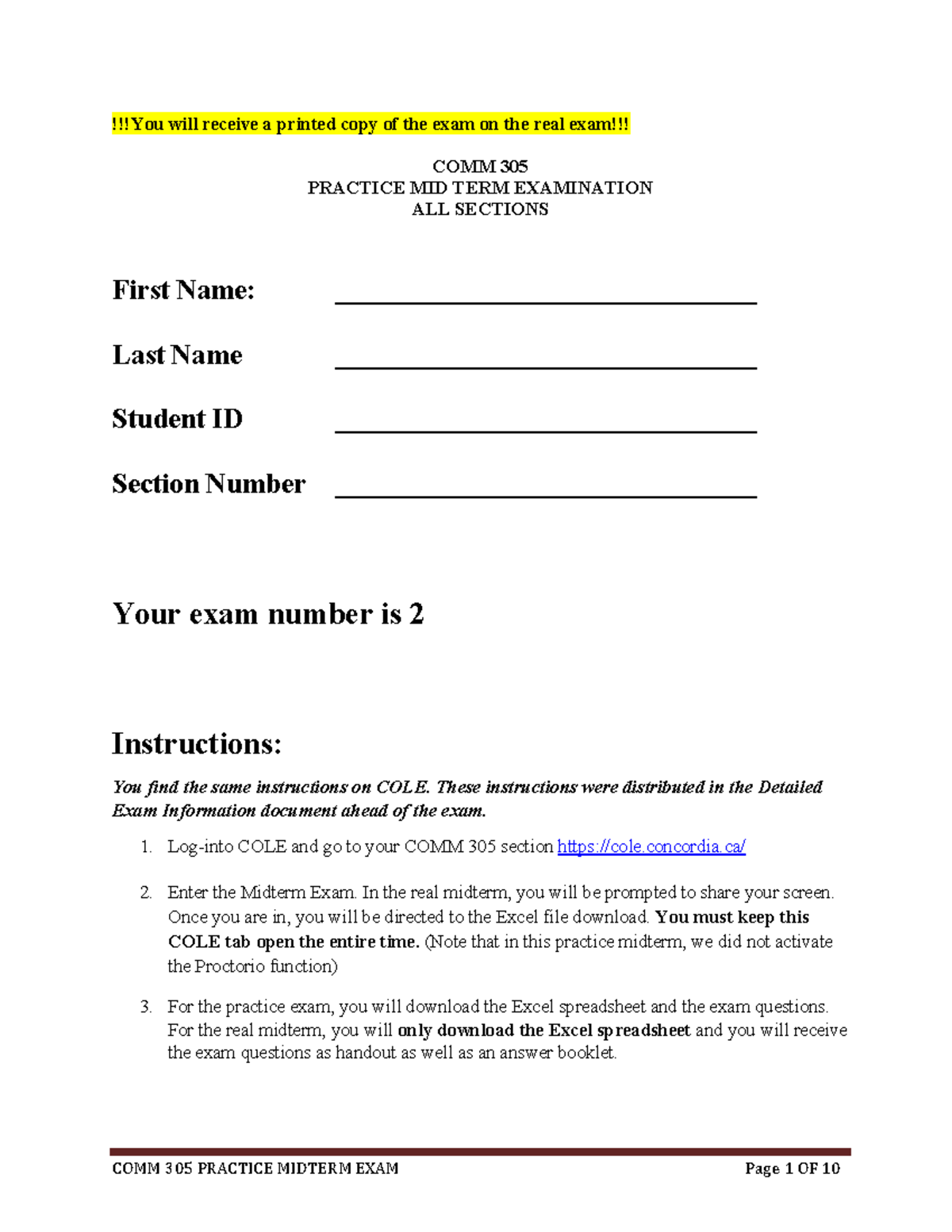 COMM305 Practice Midterm - !!!You will receive a printed copy of the exam on the real exam ...