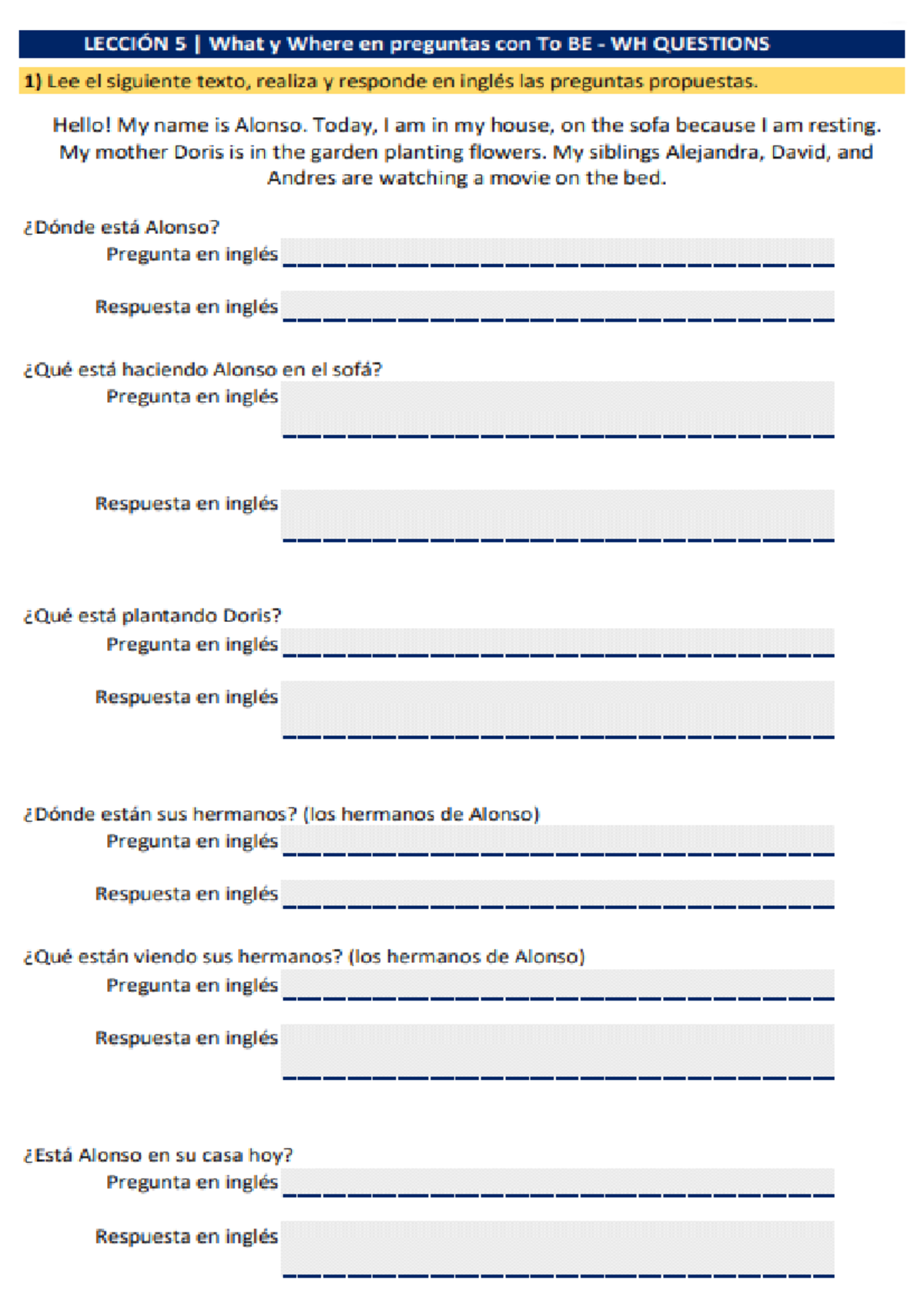 Practica What and Where in questions with To Be - Ingles - Studocu