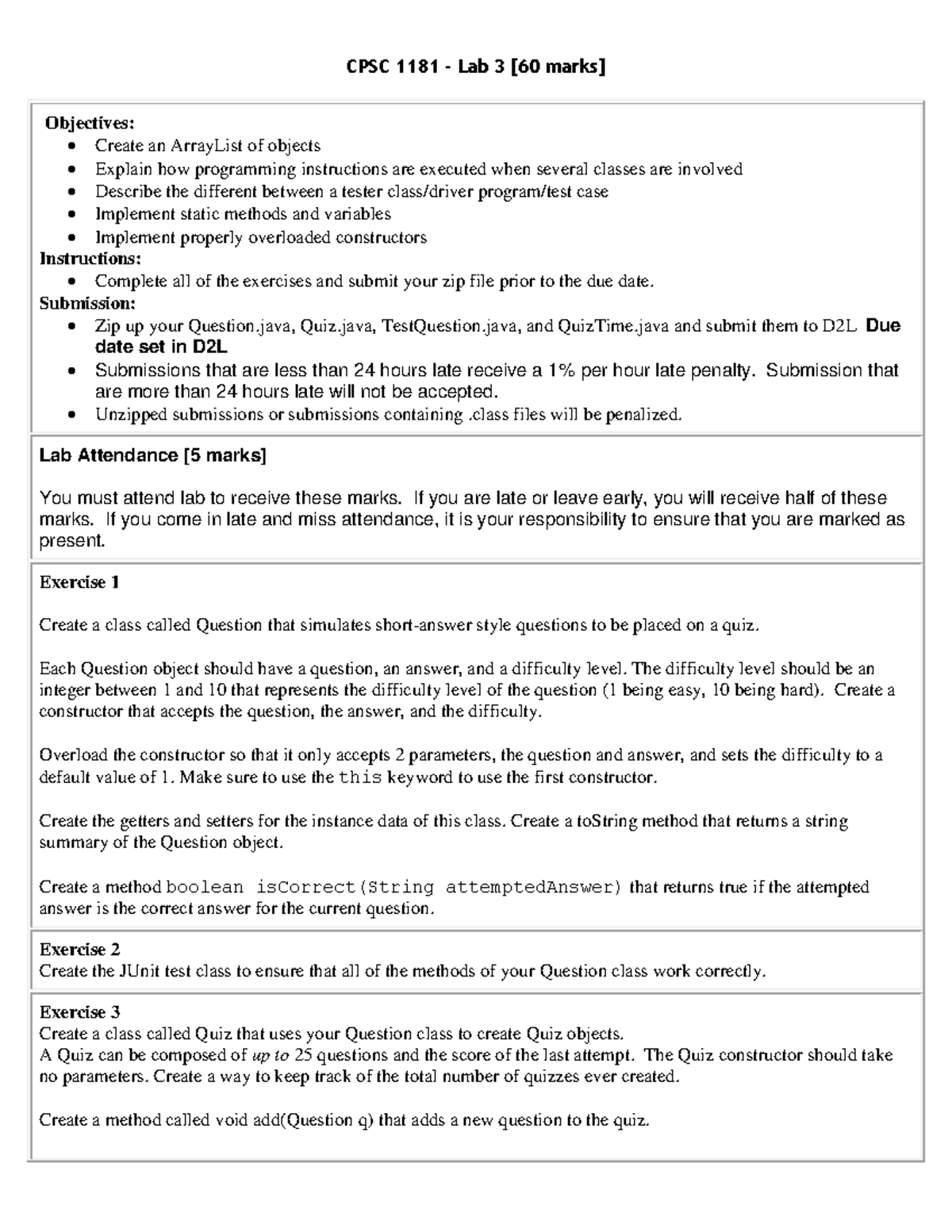 Lab 3 In Class Lab Cpsc 1181 Lab 3 [60 Marks] Objectives Create An Arraylist Of Objects