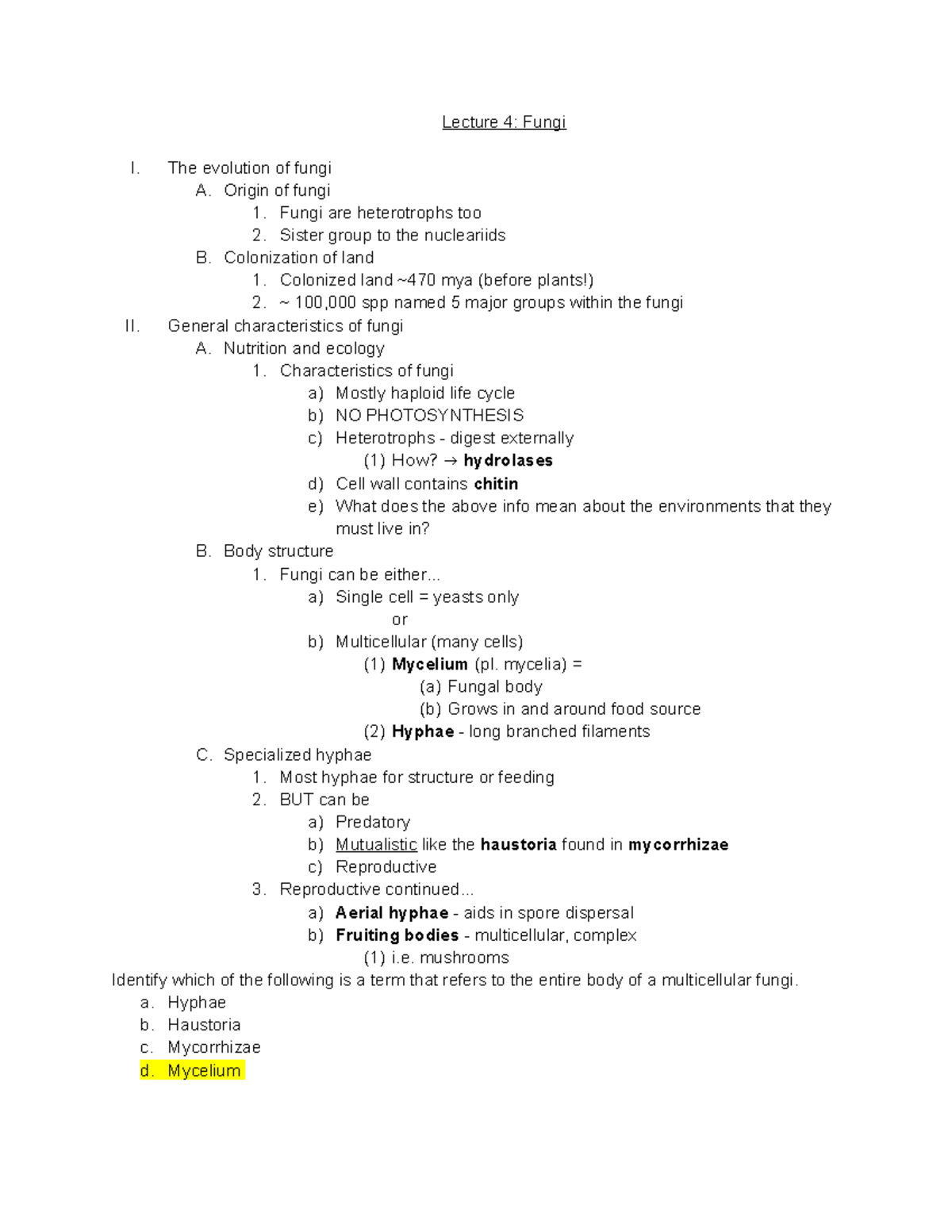 Gen Bio II: Fungi Lecture - Lecture 4: Fungi I. The evolution of fungi ...