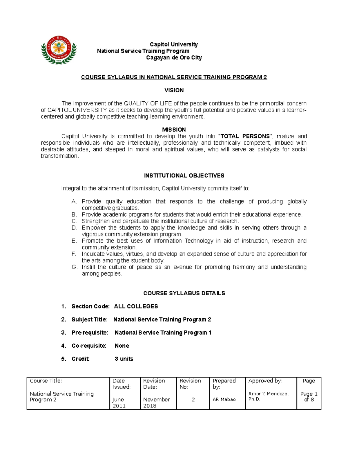 NSTP 2 OBE Syllabus pandemic - Capitol University National Service ...
