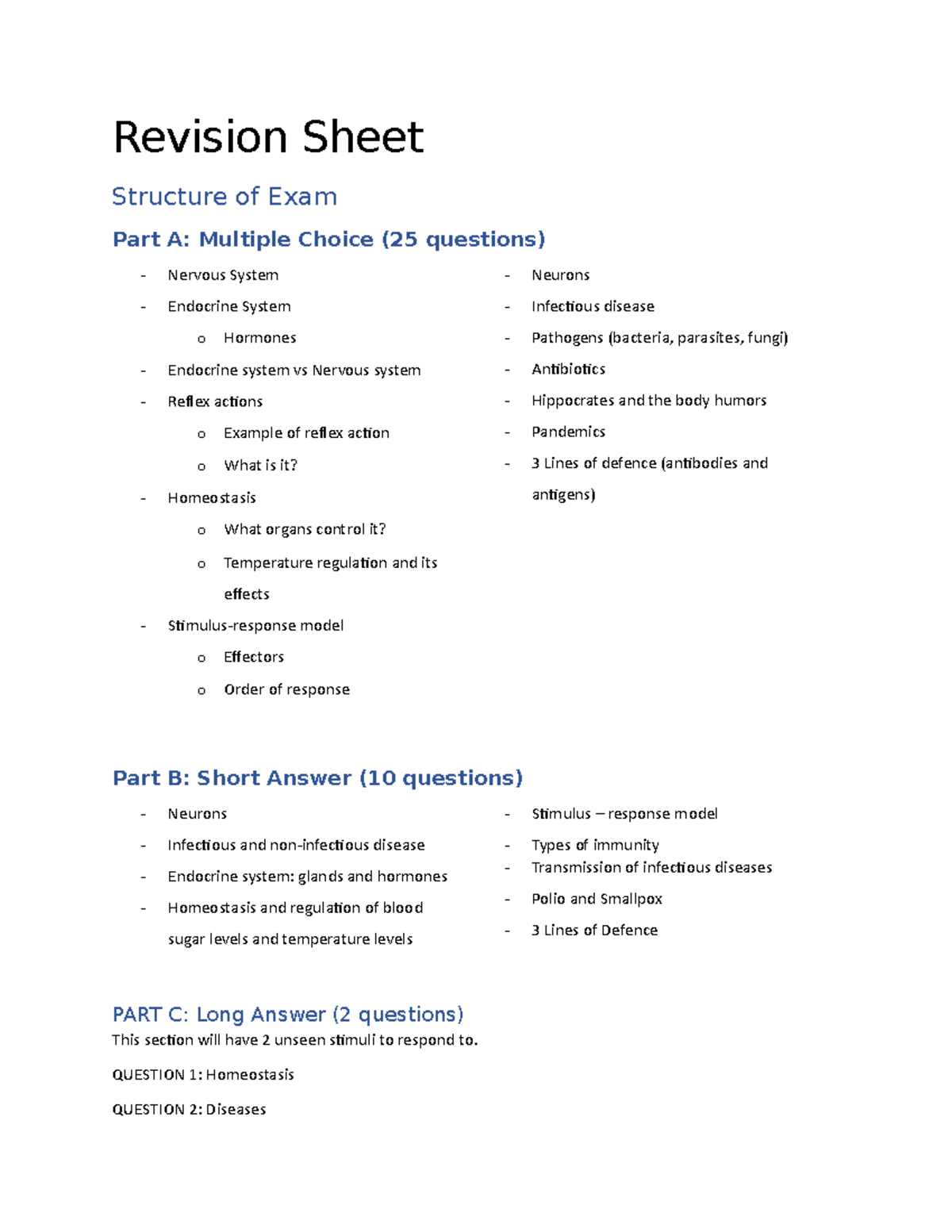 Revision Sheet - Revision Sheet Structure of Exam Part A: Multiple ...