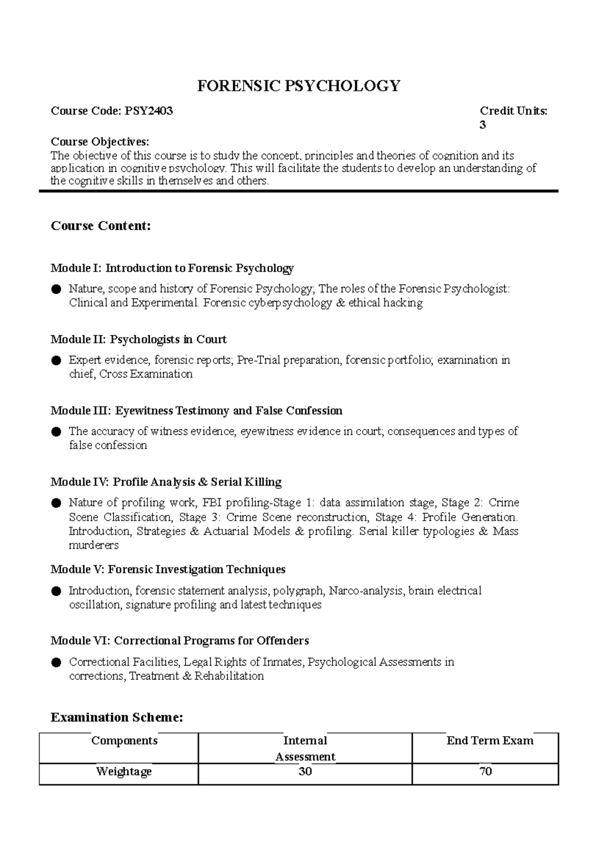 Forensic Psychology (Syllabus) - FORENSIC PSYCHOLOGY Course Code ...