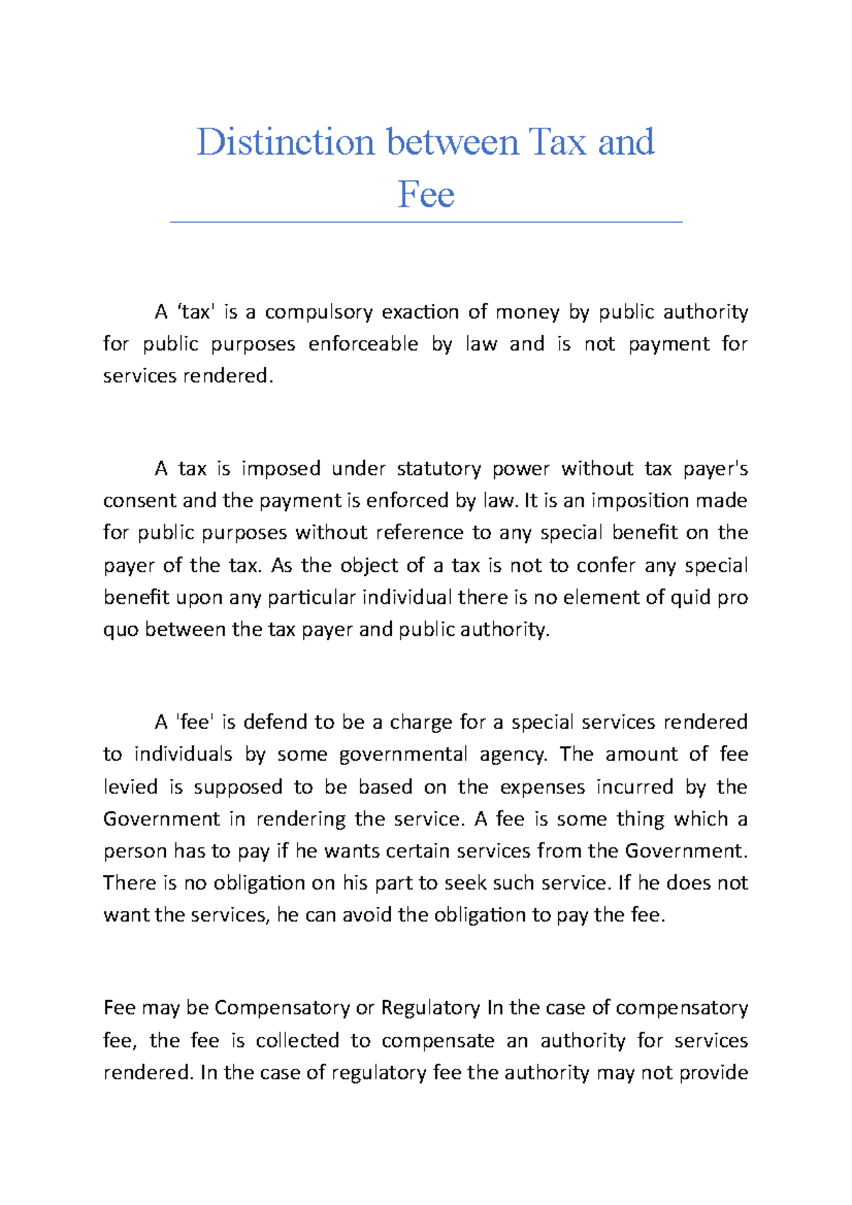 Distinction between Tax and Fee - Distinction between Tax and Fee A ... Distinction between Tax and Fee - Distinction between Tax and Fee A ...
