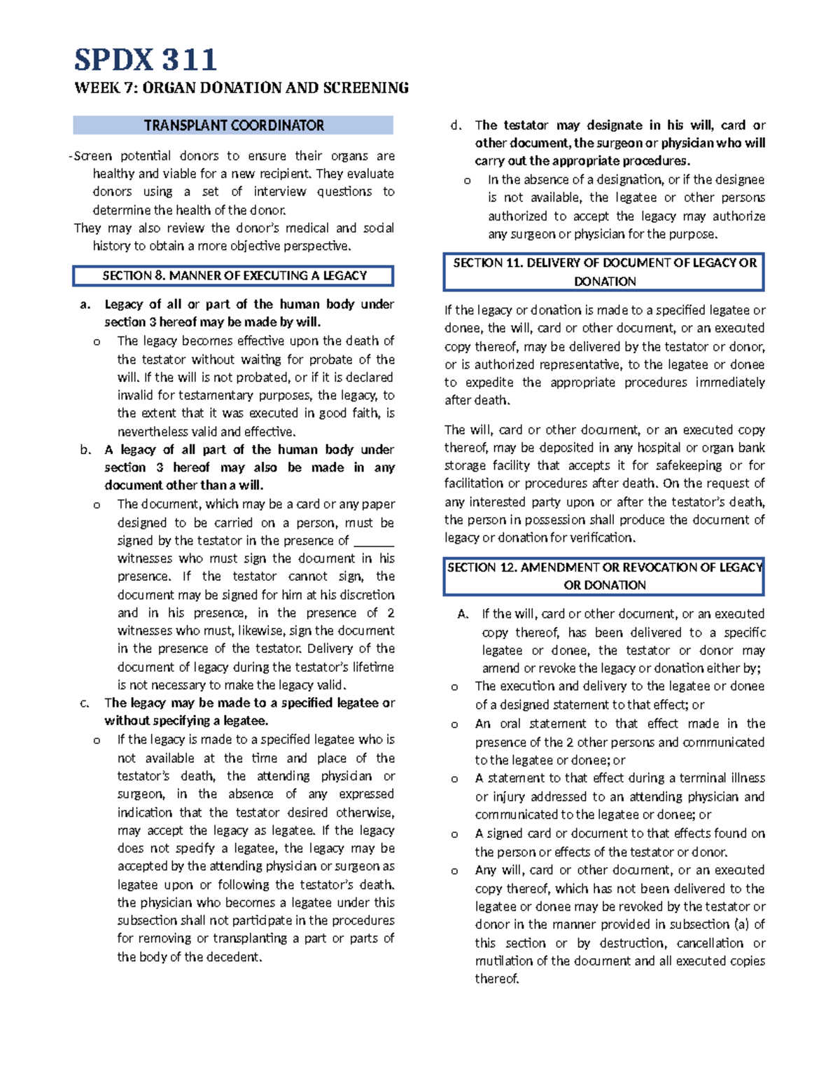 SPDX WEEK 7 Notes - SPDX 311 WEEK 7: ORGAN DONATION AND SCREENING ...