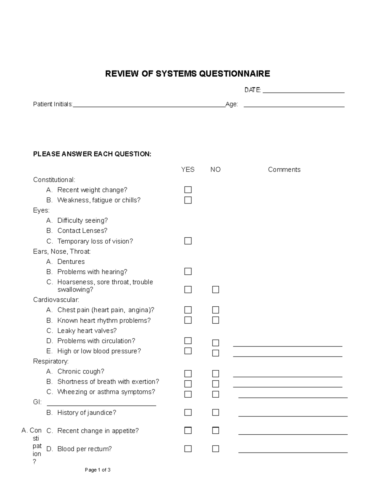 Review of Systems Questionnaire - Page 1 of 3 REVIEW OF SYSTEMS ...