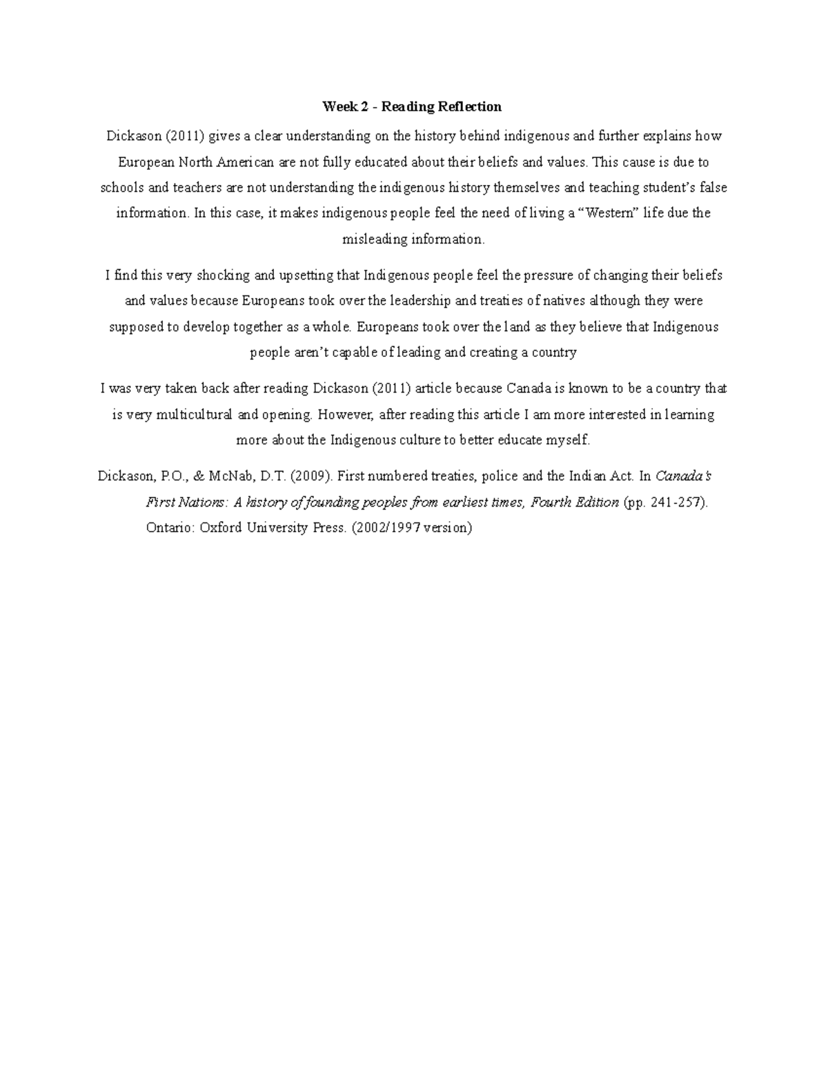 Week 2 - Reading Reflection - Week 2 - Reading Reflection Dickason ...
