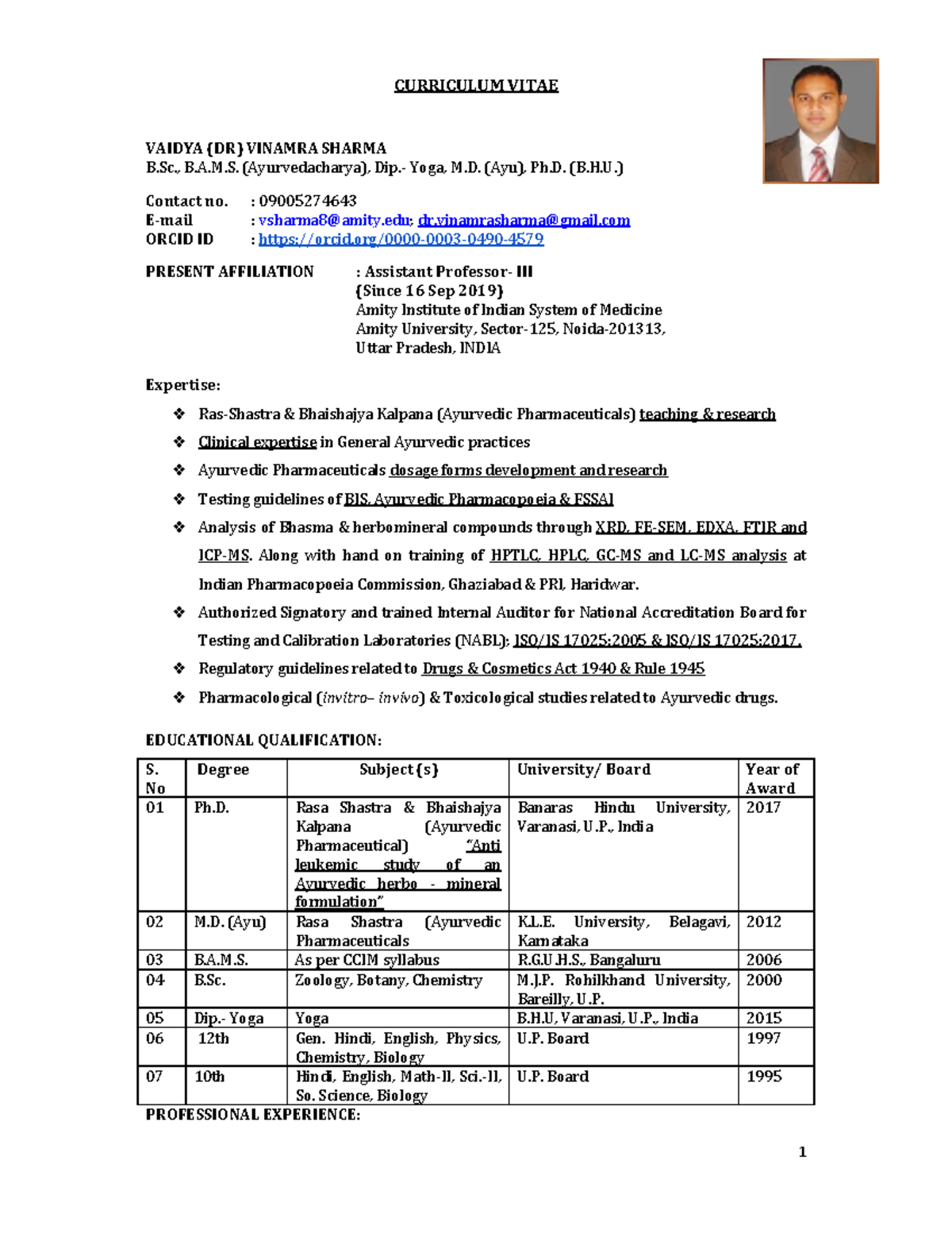 Dr Vinamra Sharma CV - Maths - CURRICULUM VITAE VAIDYA (DR) VINAMRA SHARMA B., B.A.M. - Studocu
