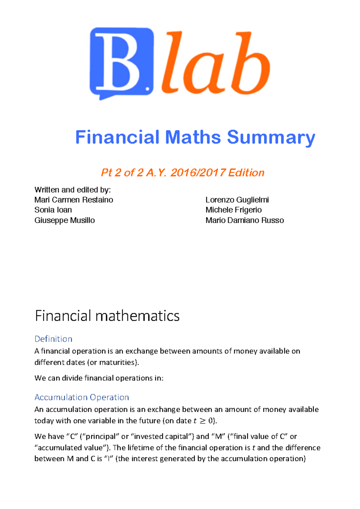 Financial Maths 2 summary 16-17 BLAB - ! ! ! ! Financial Maths Summary ...
