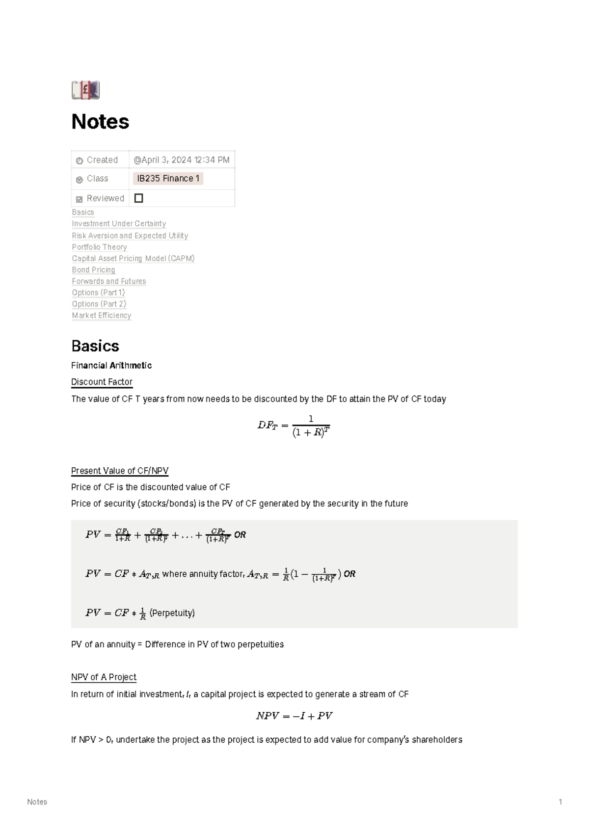 Finance 1 Notes - 💷 Notes Created Class IB235 Finance 1 Reviewed Basics ...
