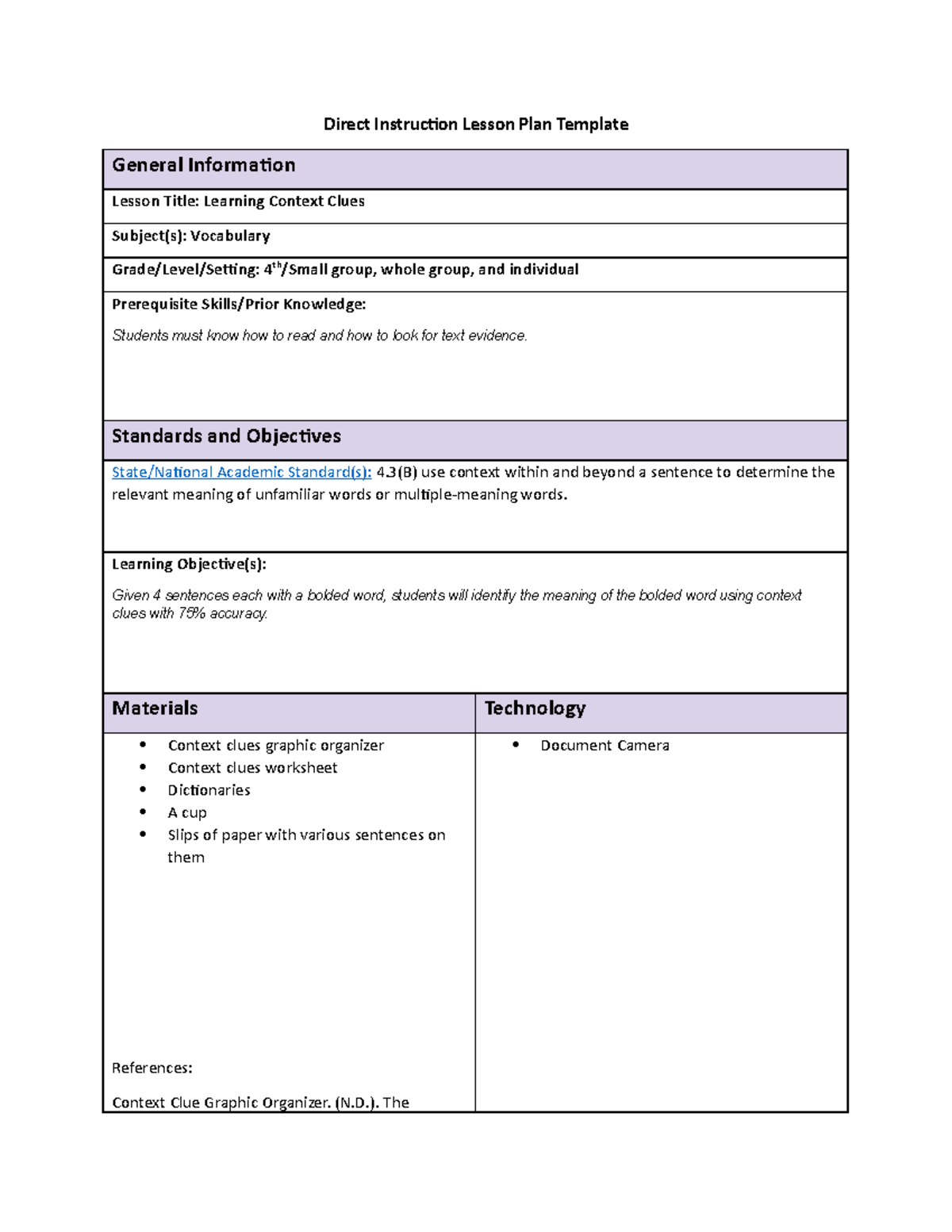 Reading Methods - Direct Instruction Lesson Plan Template General ...