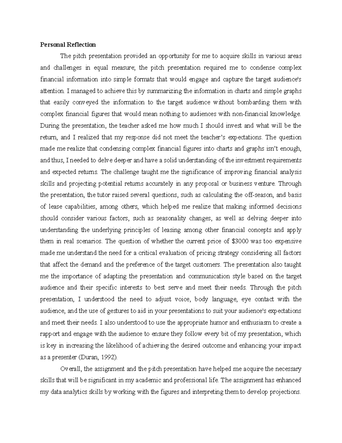 Personal Reflection - Assignment - Personal Reflection The pitch ...