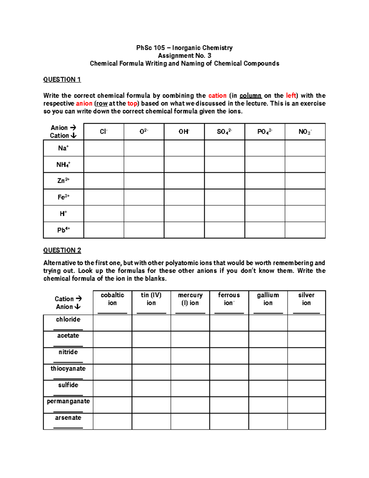 Assignment 3 - PhSc 105 – Inorganic Chemistry Assignment No. 3 Chemical ...