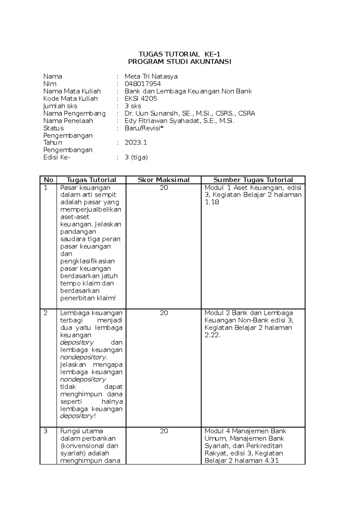 Tugas 1 BANK DAN Lembaga Keuangan NON BANK - TUGAS TUTORIAL KE- 1 ...