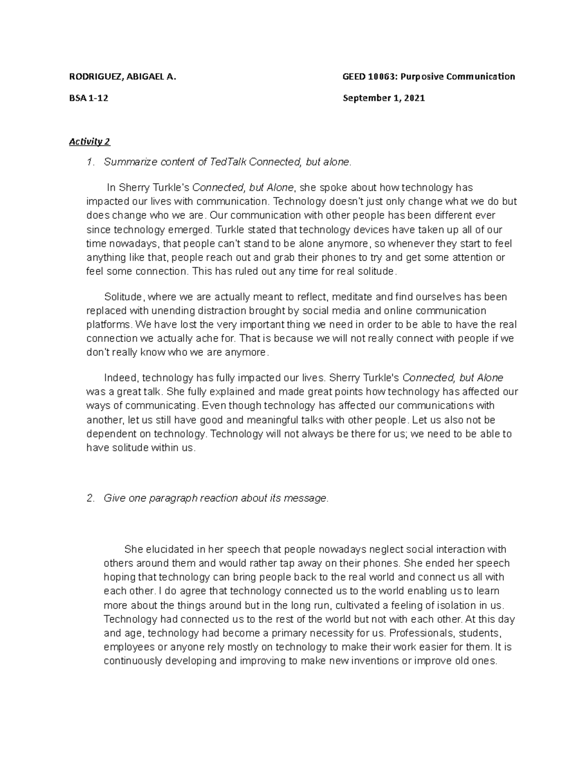 TED TALK review paper - RODRIGUEZ, ABIGAEL A. GEED 10063: Purposive ...