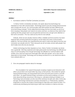 Reaction paper - What is the major argument of Sherry Turkle's TED Talk ...