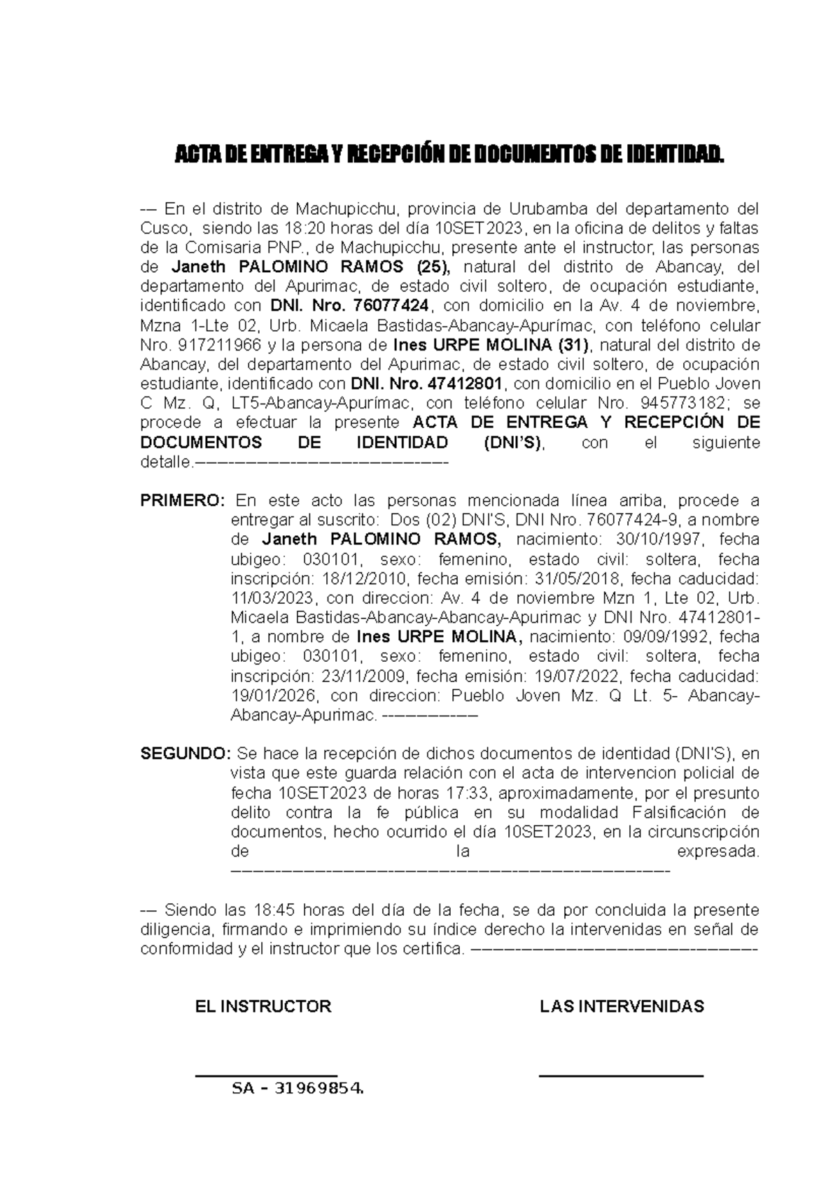 ACTA DE Entrega y Recepcion DE CD - ACTA DE ENTREGA Y RECEPCIÓN DE DOCUMENTOS DE IDENTIDAD. - En ...