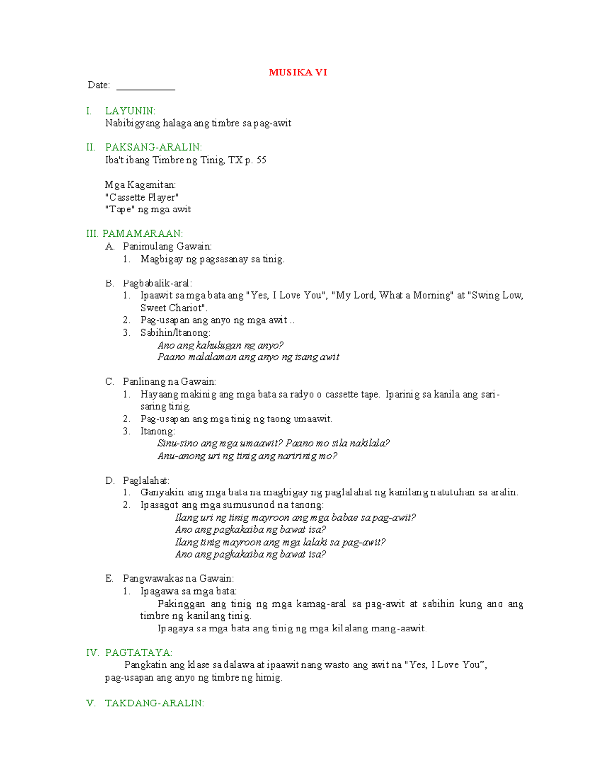 Musika VI 3rd rating - musik - Date: ___________ I. LAYUNIN ...