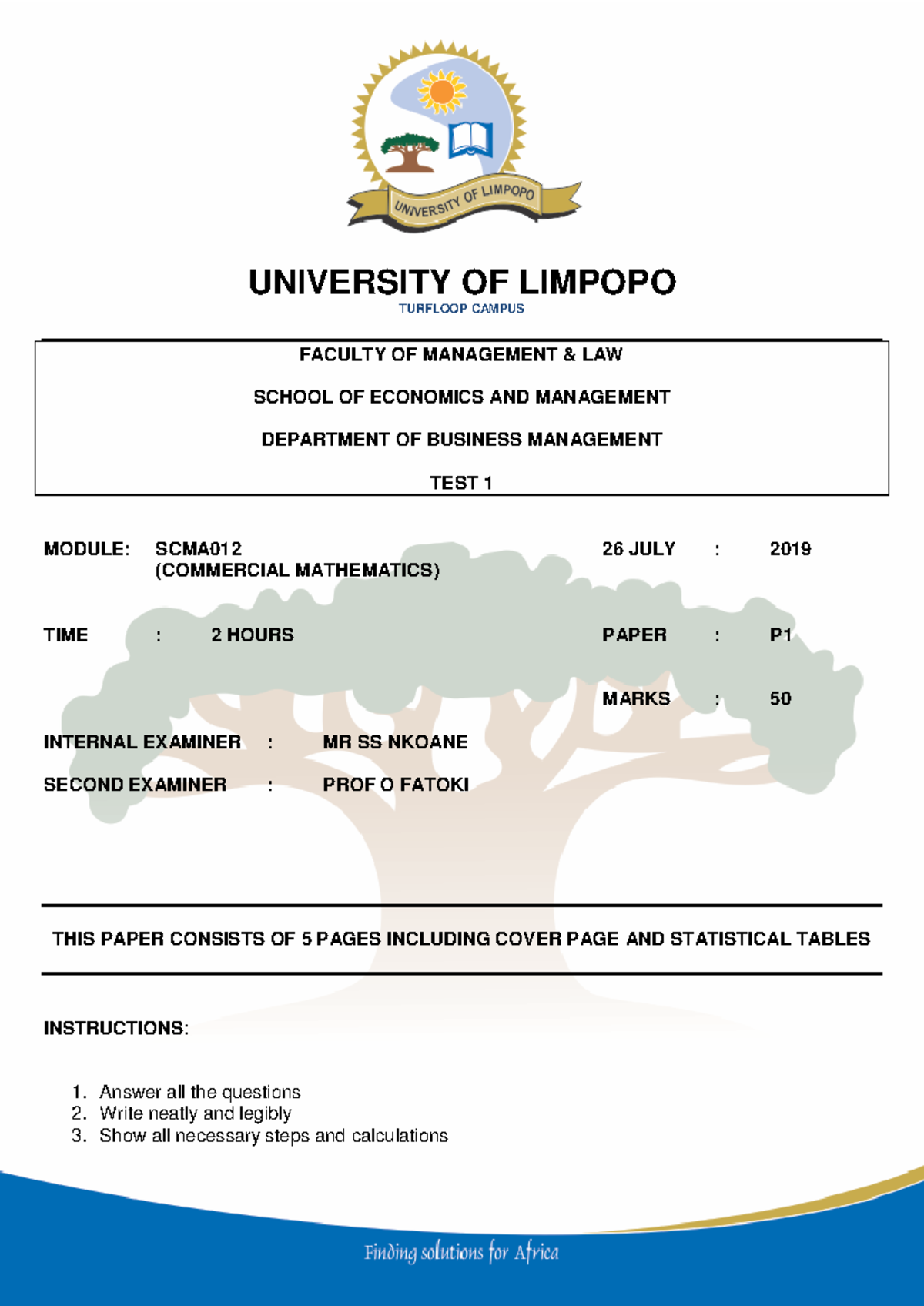 SCMA012 TEST 1 2019 - Practice - UNIVERSITY OF LIMPOPO TURFLOOP CAMPUS ...