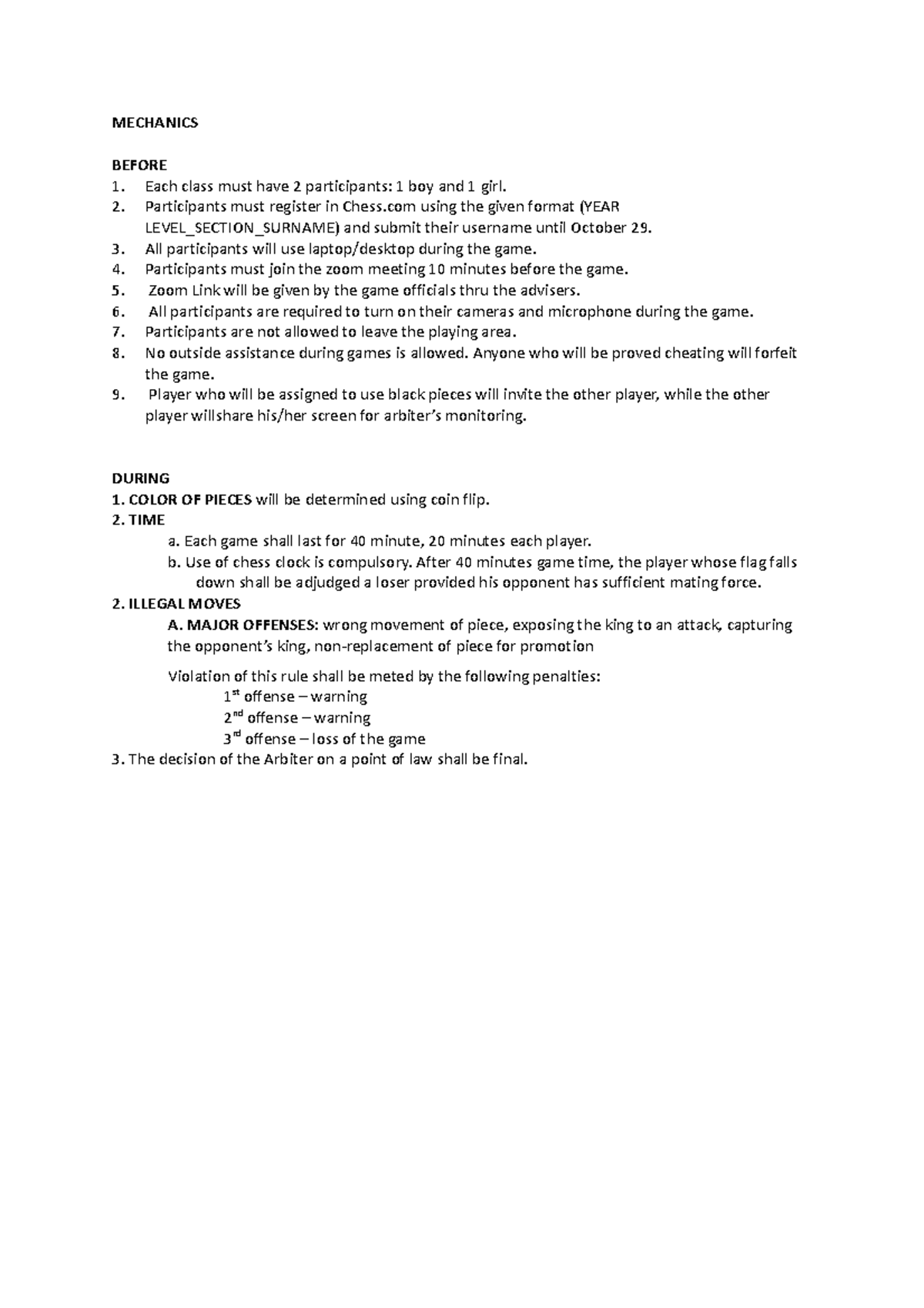 Chess- Mechanics - sadawdad - MECHANICS BEFORE Each class must have 2 ...