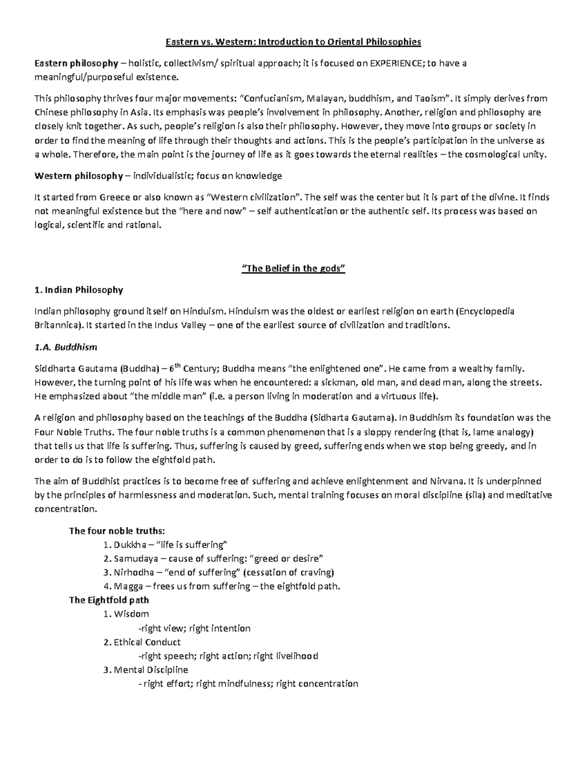 Notes on Eastern Philosophy - Eastern vs. Western: Introduction to ...