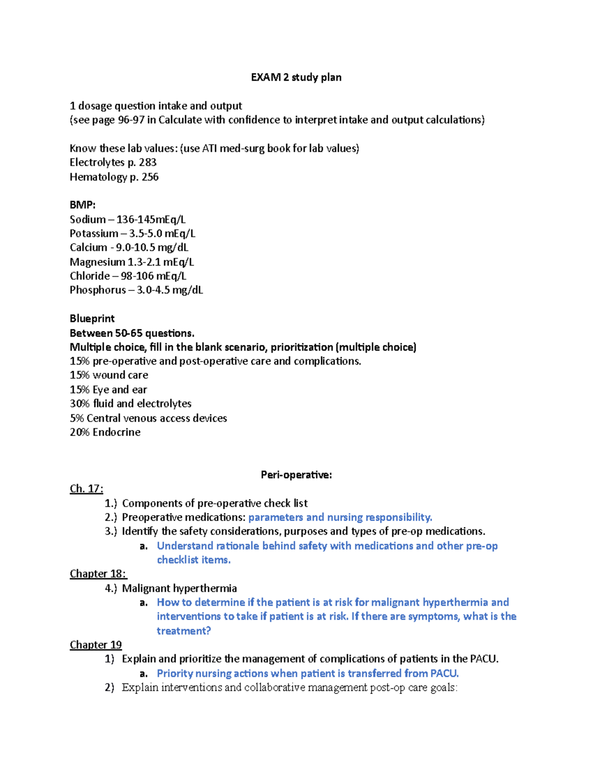 Study.plan - Study plan for med surg nursing exams - EXAM 2 study plan ...