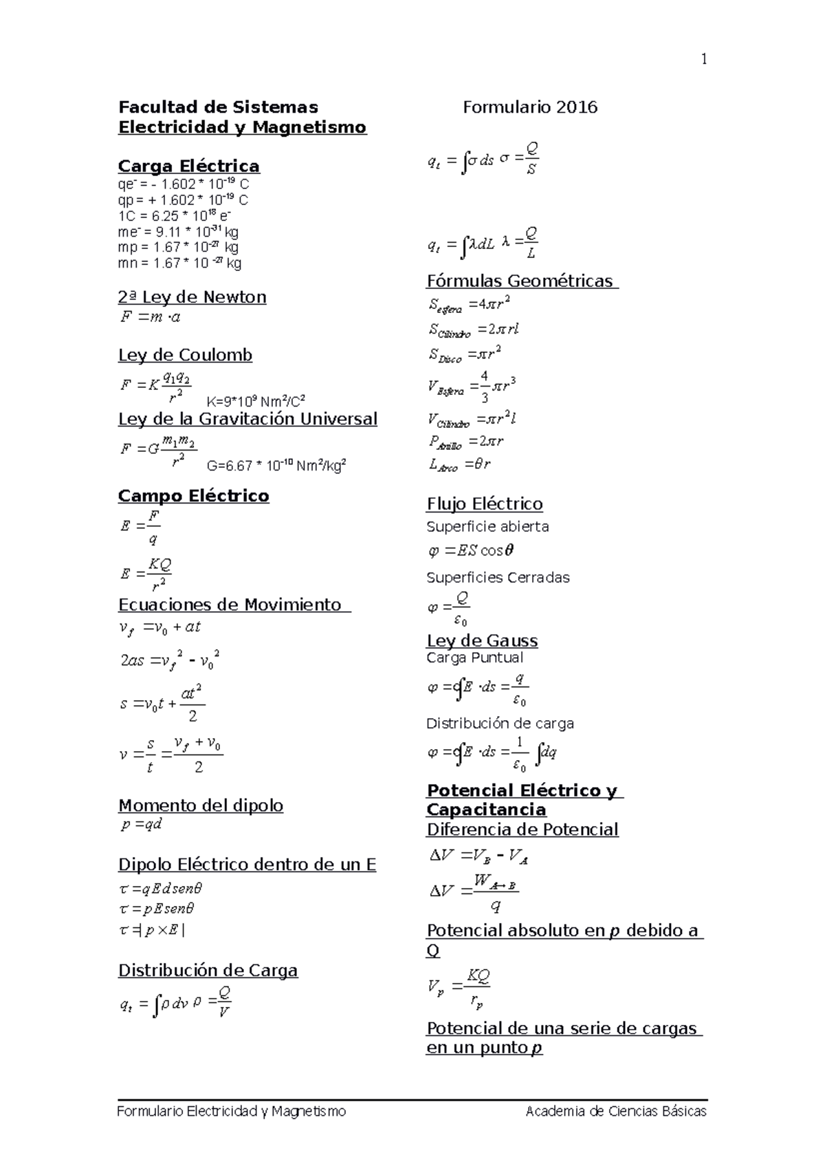 Formulario-eym - Formulario de electricidad y magnetismo - Facultad de Sistemas Formulario 2016 ...