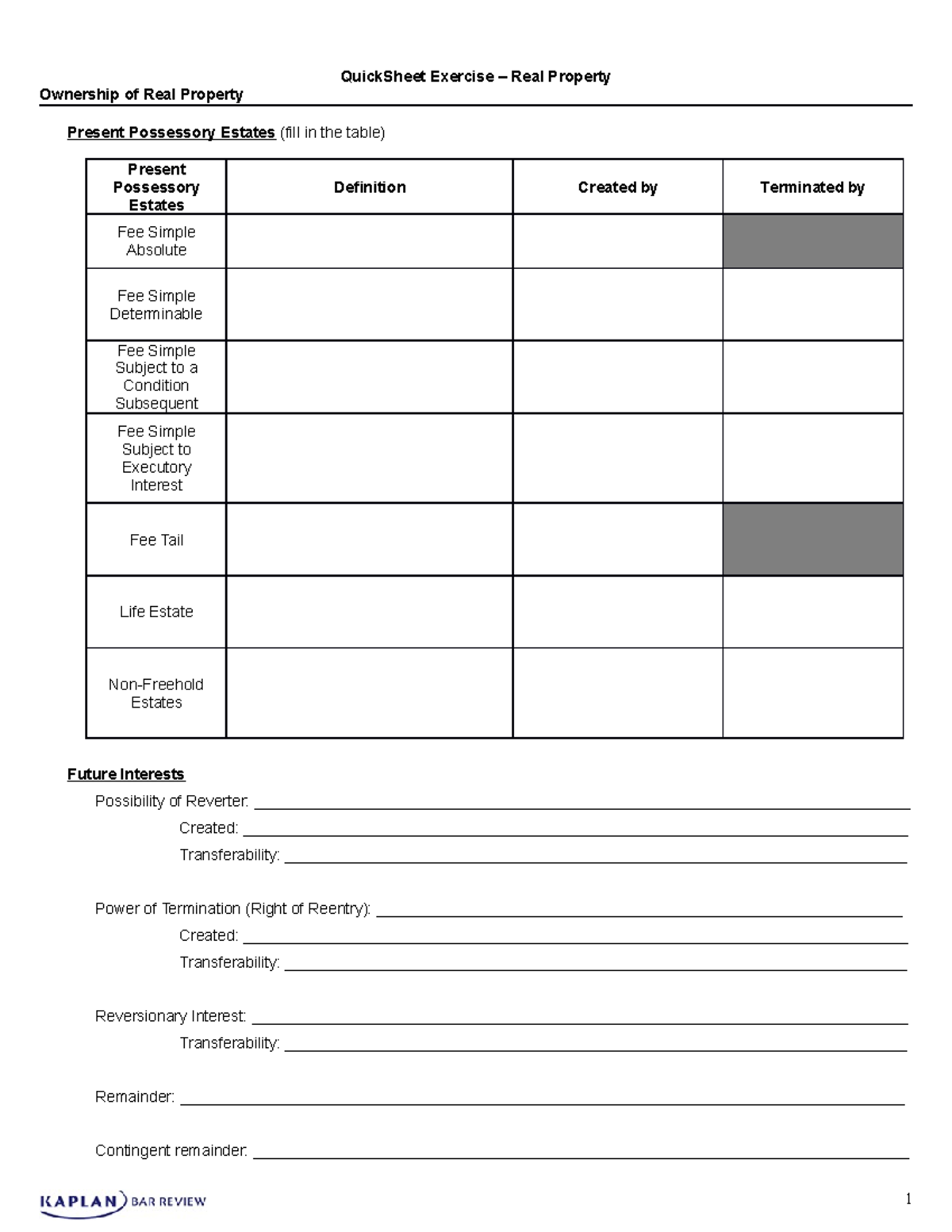 MBE QSExercise Property - QuickSheet Exercise – Real Property Ownership ...