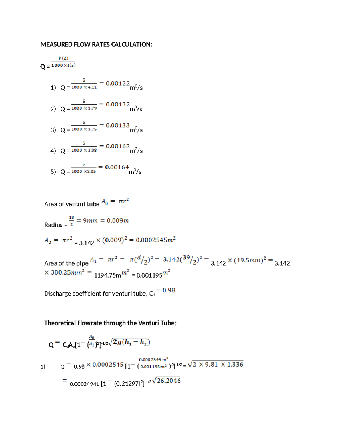 Venturi experim-WPS Office - MEASURED FLOW RATES CALCULATION: Q = 1) Q ...