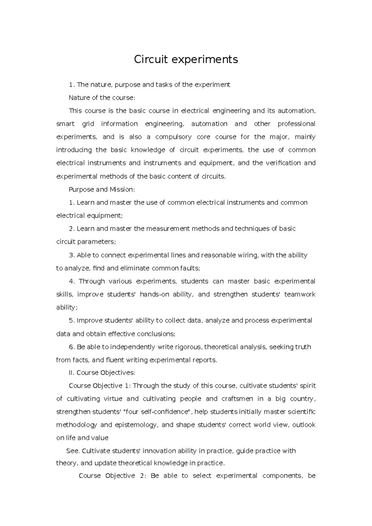 ENGR 223 Circuit experiments - Circuit experiments The nature, purpose ...